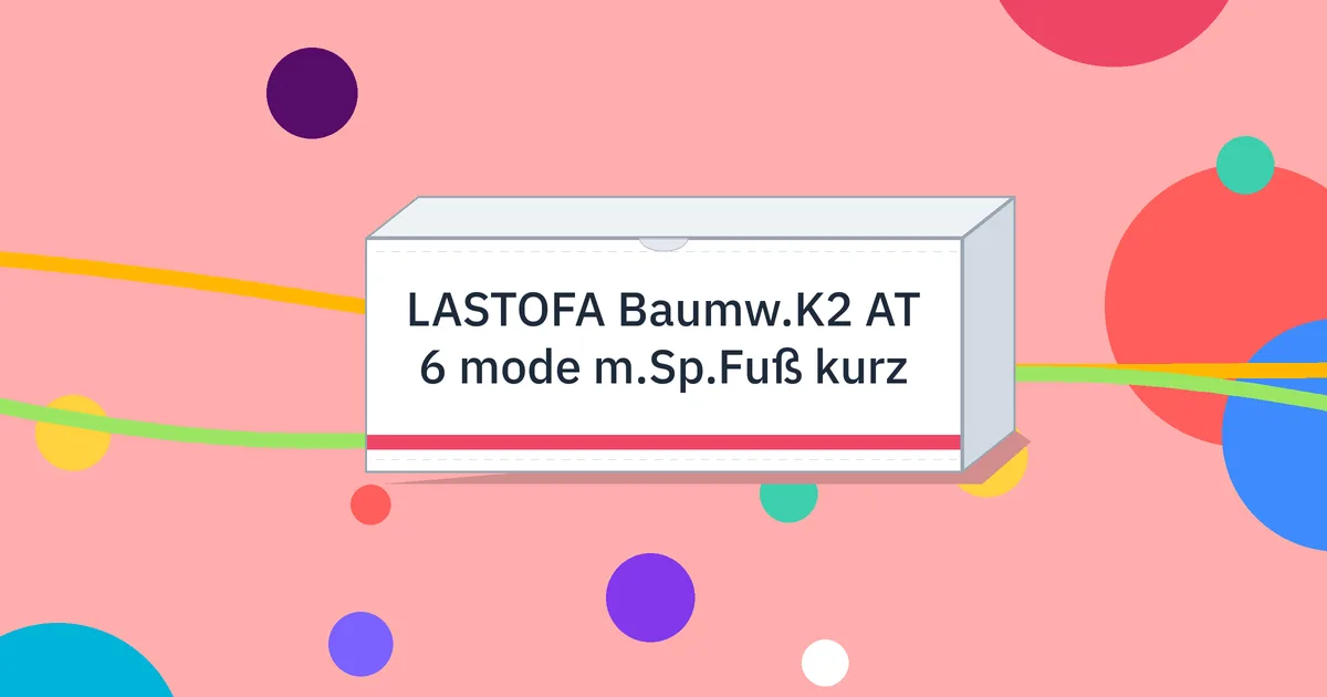 Symbolbild: Packung mit der Aufschrift LASTOFA Baumw.K2 AT 6 mode m.Sp.Fuß kurz (PZN 01950749) – Verfügbarkeit und Bezug in Apotheken in Frankfurt am Main