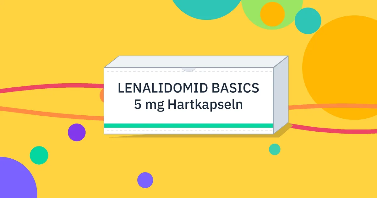 Symbolbild: Packung mit der Aufschrift LENALIDOMID BASICS 5 mg Hartkapseln (PZN 17816473) – Verfügbarkeit und Bezug in Apotheken in Frankfurt am Main