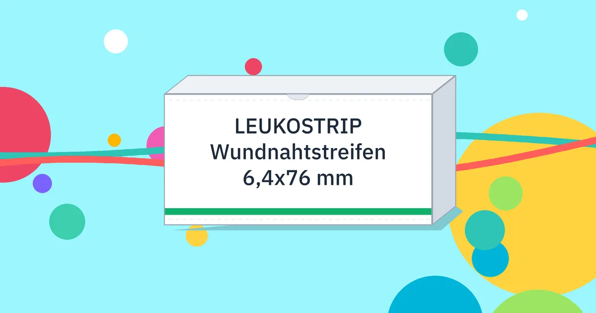 Symbolbild: Packung mit der Aufschrift LEUKOSTRIP Wundnahtstreifen 6,4x76 mm (PZN 06998726) – Verfügbarkeit und Bezug in Apotheken in Frankfurt am Main