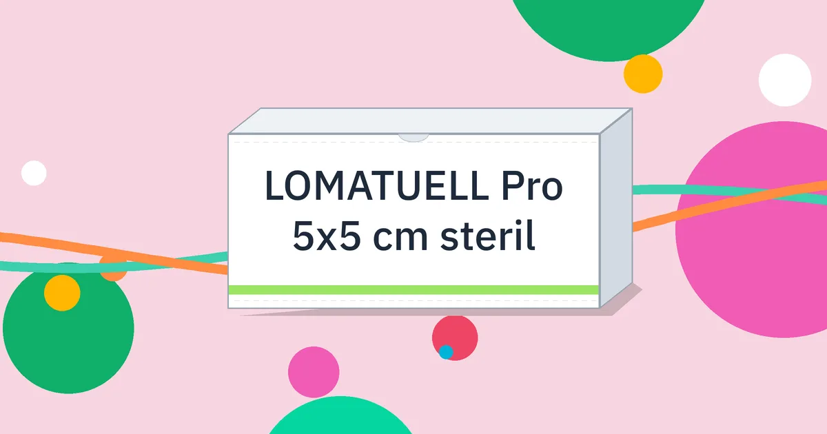 Symbolbild: Packung mit der Aufschrift LOMATUELL Pro 5x5 cm steril (PZN 19394102) – Verfügbarkeit und Bezug in Apotheken in Frankfurt am Main