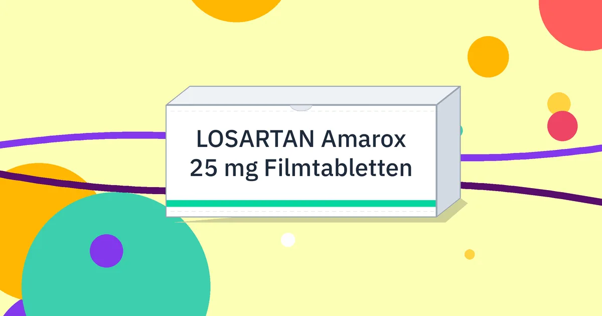 Symbolbild: Packung mit der Aufschrift LOSARTAN Amarox 25 mg Filmtabletten (PZN 18273419) – Verfügbarkeit und Bezug in Apotheken in Frankfurt am Main