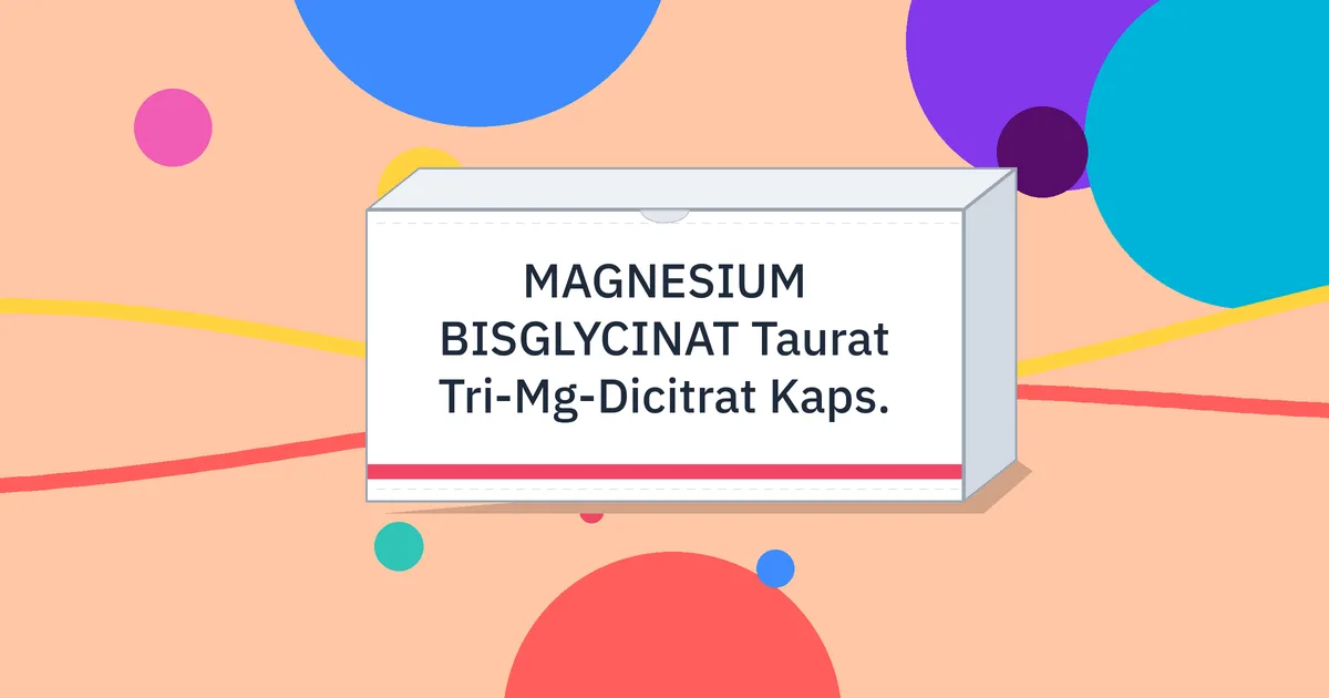 Symbolbild: Packung mit der Aufschrift MAGNESIUM BISGLYCINAT Taurat Tri-Mg-Dicitrat Kaps. (PZN 17968042) – Verfügbarkeit und Bezug in Apotheken in Frankfurt am Main