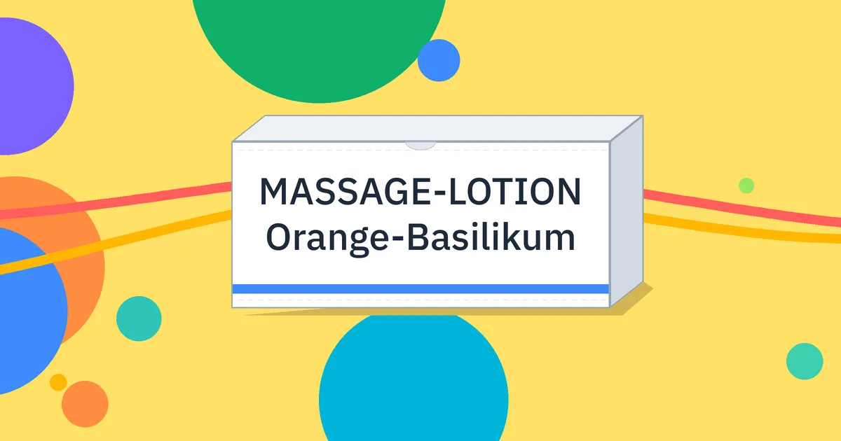 Symbolbild: Packung mit der Aufschrift MASSAGE-LOTION Orange-Basilikum (PZN 18035944) – Verfügbarkeit und Bezug in Apotheken in Frankfurt am Main