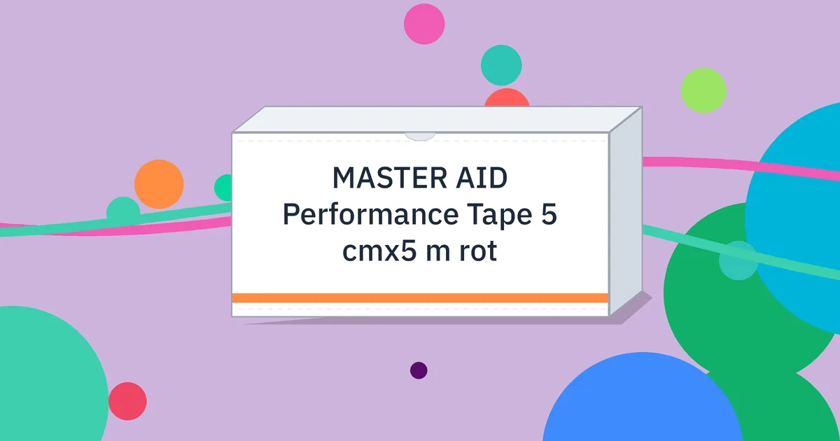Symbolbild: Packung mit der Aufschrift MASTER AID Performance Tape 5 cmx5 m rot (PZN 11598354) – Verfügbarkeit und Bezug in Apotheken in Frankfurt am Main