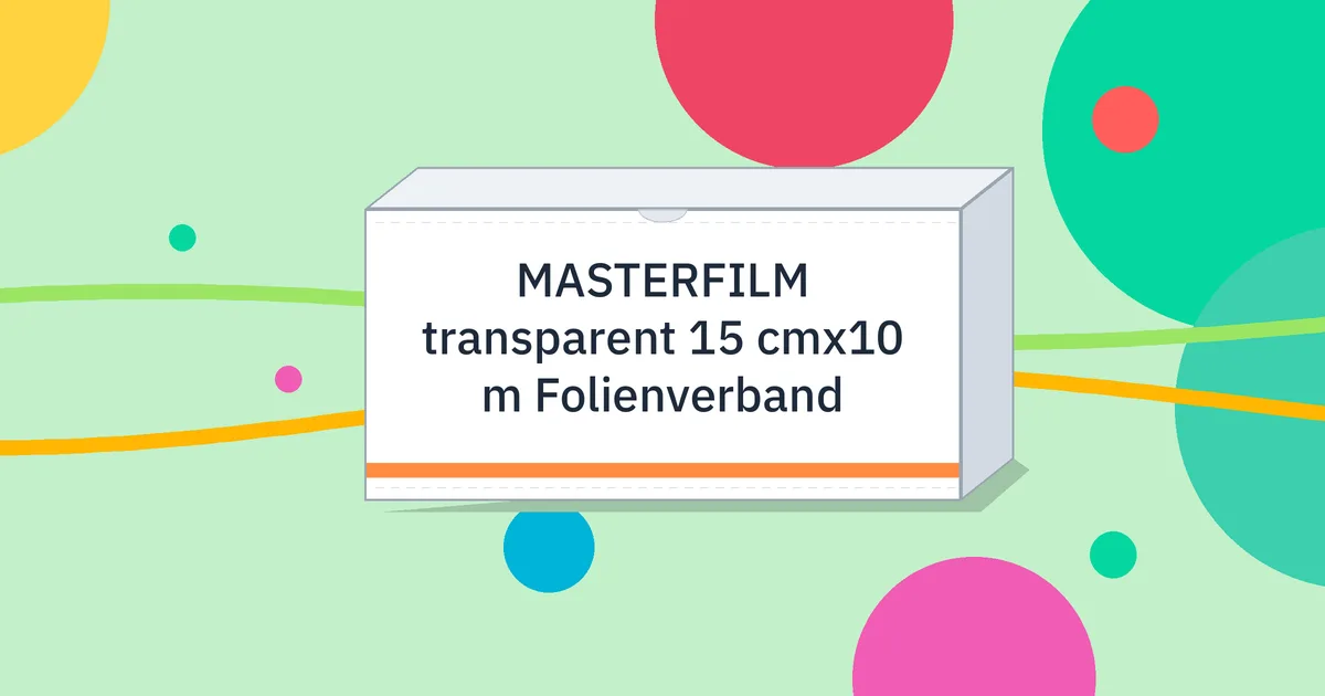 Symbolbild: Packung mit der Aufschrift MASTERFILM transparent 15 cmx10 m Folienverband (PZN 18426372) – Verfügbarkeit und Bezug in Apotheken in Frankfurt am Main