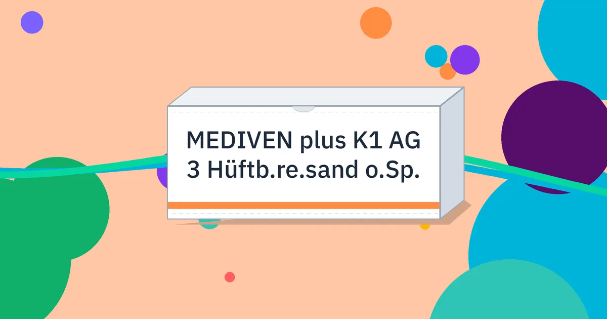 Symbolbild: Packung mit der Aufschrift MEDIVEN plus K1 AG 3 Hüftb.re.sand o.Sp. (PZN 18939114) – Verfügbarkeit und Bezug in Apotheken in Frankfurt am Main
