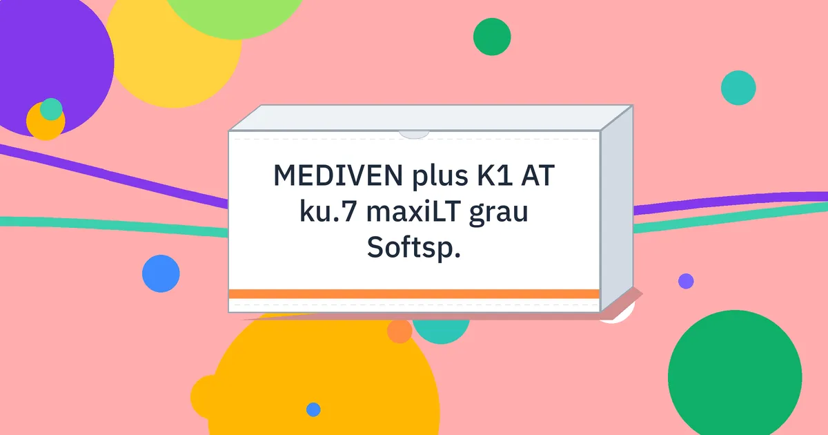 Symbolbild: Packung mit der Aufschrift MEDIVEN plus K1 AT ku.7 maxiLT grau Softsp. (PZN 18942671) – Verfügbarkeit und Bezug in Apotheken in Frankfurt am Main