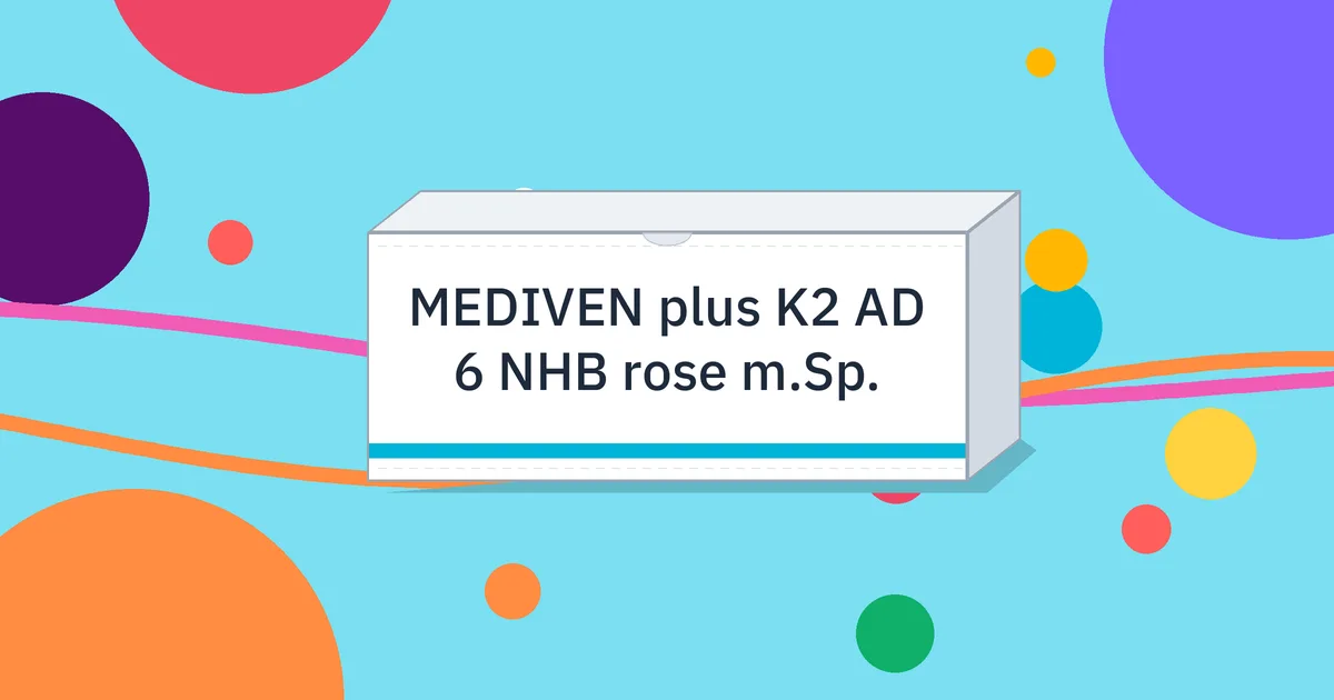 Symbolbild: Packung mit der Aufschrift MEDIVEN plus K2 AD 6 NHB rose m.Sp. (PZN 15936612) – Verfügbarkeit und Bezug in Apotheken in Frankfurt am Main