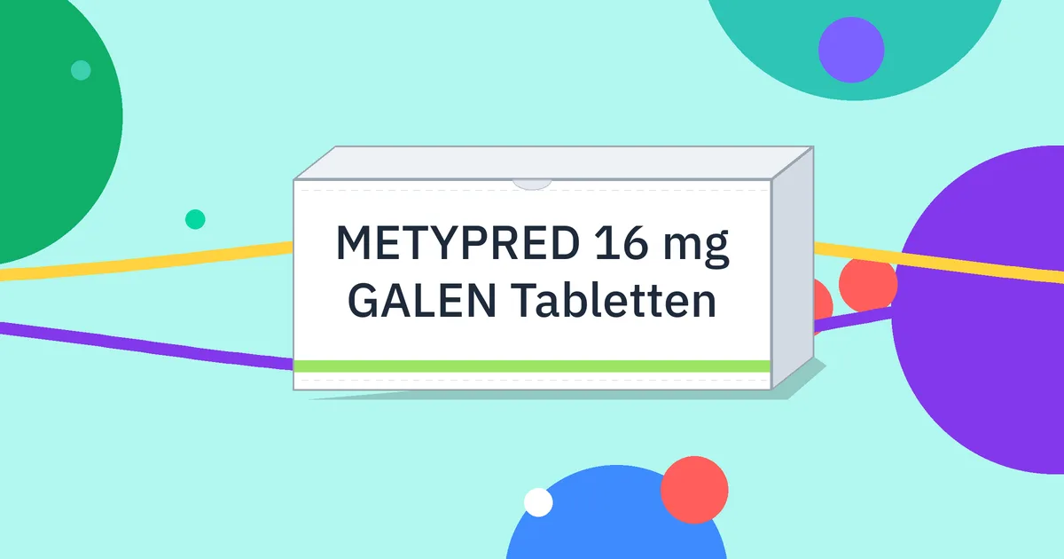 Symbolbild: Packung mit der Aufschrift METYPRED 16 mg GALEN Tabletten (PZN 12340994) – Verfügbarkeit und Bezug in Apotheken in Frankfurt am Main