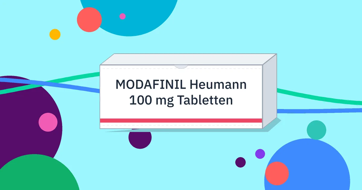 Symbolbild: Packung mit der Aufschrift MODAFINIL Heumann 100 mg Tabletten (PZN 07290739) – Verfügbarkeit und Bezug in Apotheken in Frankfurt am Main