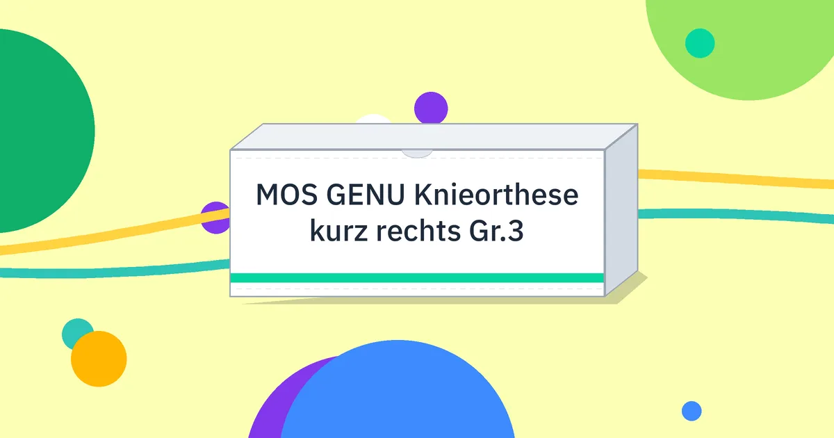 Symbolbild: Packung mit der Aufschrift MOS GENU Knieorthese kurz rechts Gr.3 (PZN 03141712) – Verfügbarkeit und Bezug in Apotheken in Frankfurt am Main