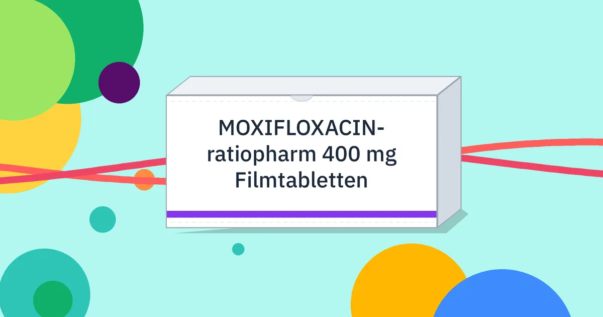 Symbolbild: Packung mit der Aufschrift MOXIFLOXACIN-ratiopharm 400 mg Filmtabletten (PZN 08740966) – Verfügbarkeit und Bezug in Apotheken in Frankfurt am Main