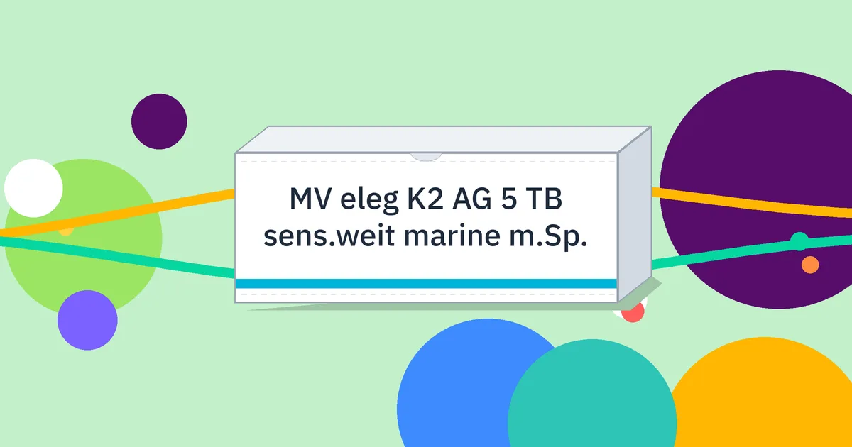 Symbolbild: Packung mit der Aufschrift MV eleg K2 AG 5 TB sens.weit marine m.Sp. (PZN 14611581) – Verfügbarkeit und Bezug in Apotheken in Frankfurt am Main