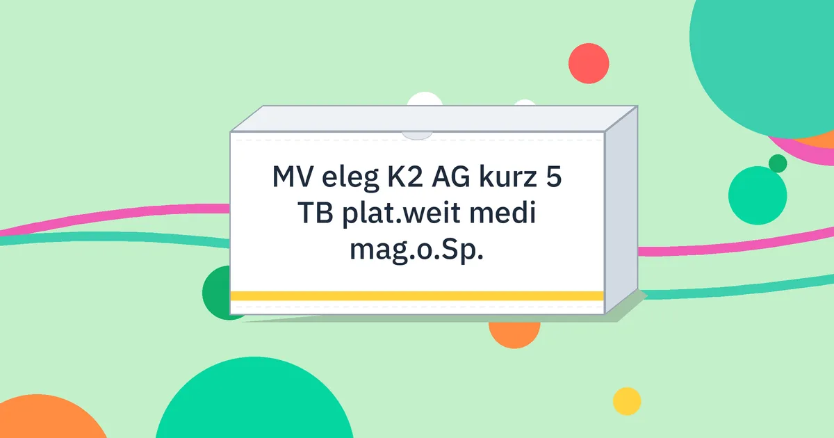 Symbolbild: Packung mit der Aufschrift MV eleg K2 AG kurz 5 TB plat.weit medi mag.o.Sp. (PZN 14635191) – Verfügbarkeit und Bezug in Apotheken in Frankfurt am Main