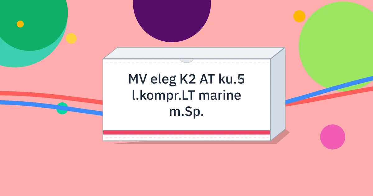 Symbolbild: Packung mit der Aufschrift MV eleg K2 AT ku.5 l.kompr.LT marine m.Sp. (PZN 15287800) – Verfügbarkeit und Bezug in Apotheken in Frankfurt am Main