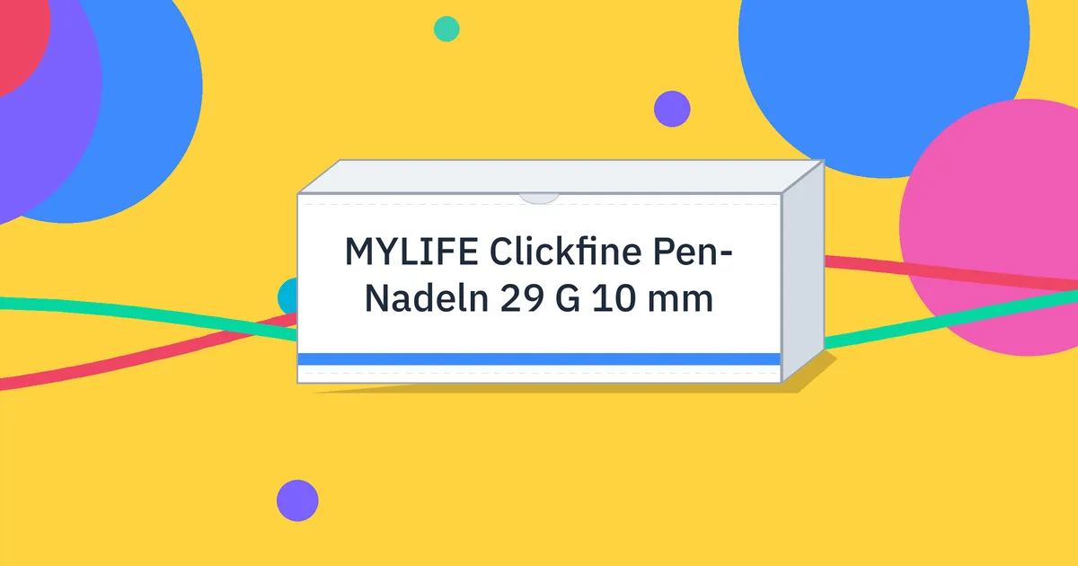 Symbolbild: Packung mit der Aufschrift MYLIFE Clickfine Pen-Nadeln 29 G 10 mm (PZN 19858576) – Verfügbarkeit und Bezug in Apotheken in Frankfurt am Main