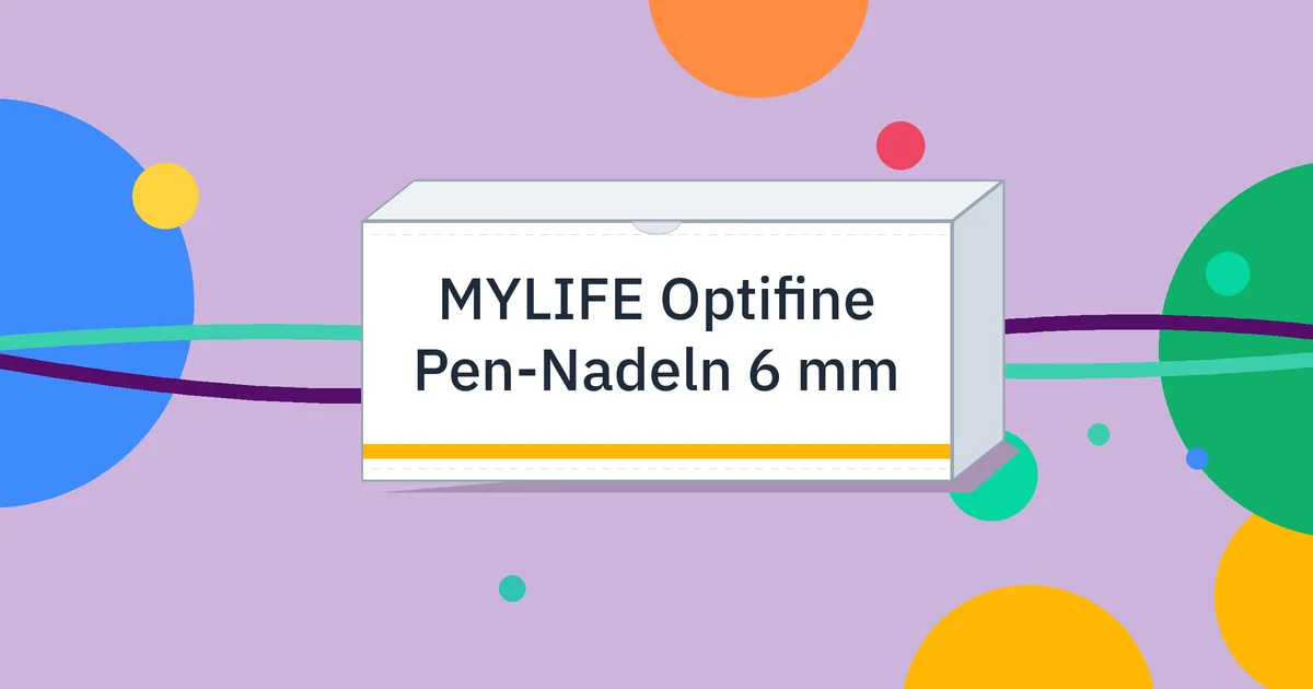 Symbolbild: Packung mit der Aufschrift MYLIFE Optifine Pen-Nadeln 6 mm (PZN 10257852) – Verfügbarkeit und Bezug in Apotheken in Frankfurt am Main