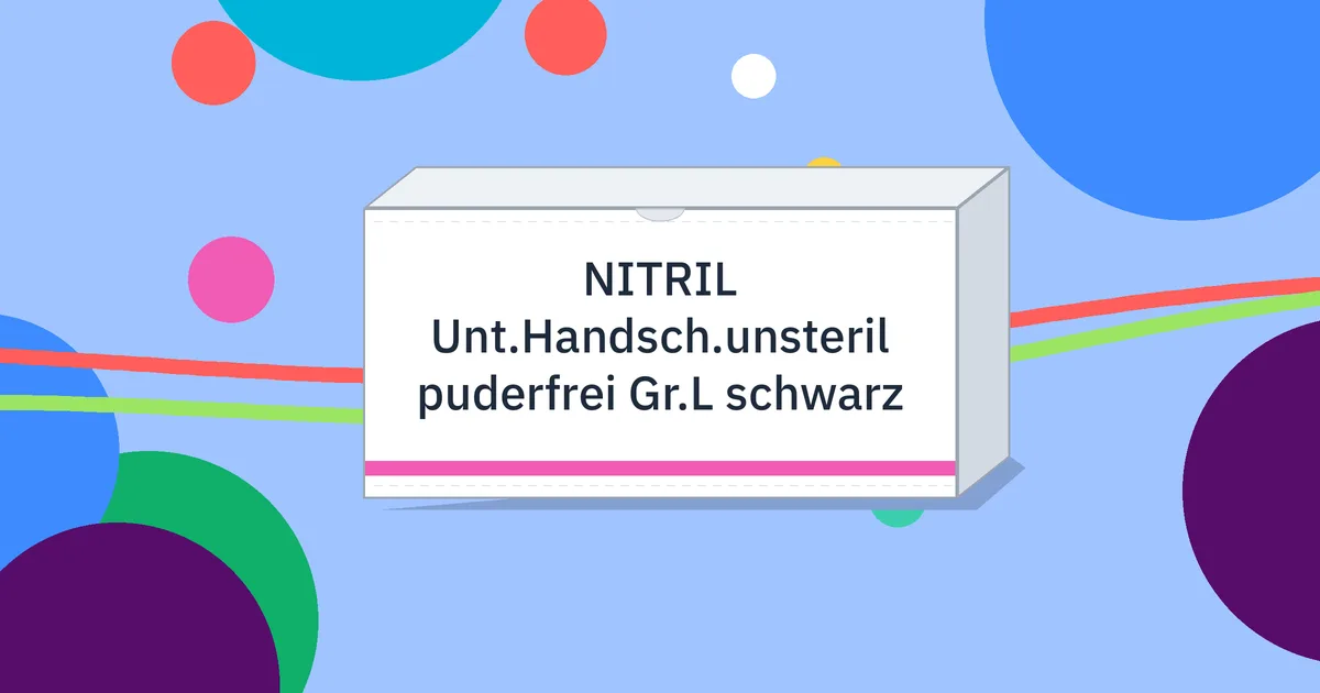 Symbolbild: Packung mit der Aufschrift NITRIL Unt.Handsch.unsteril puderfrei Gr.L schwarz (PZN 13351132) – Verfügbarkeit und Bezug in Apotheken in Frankfurt am Main