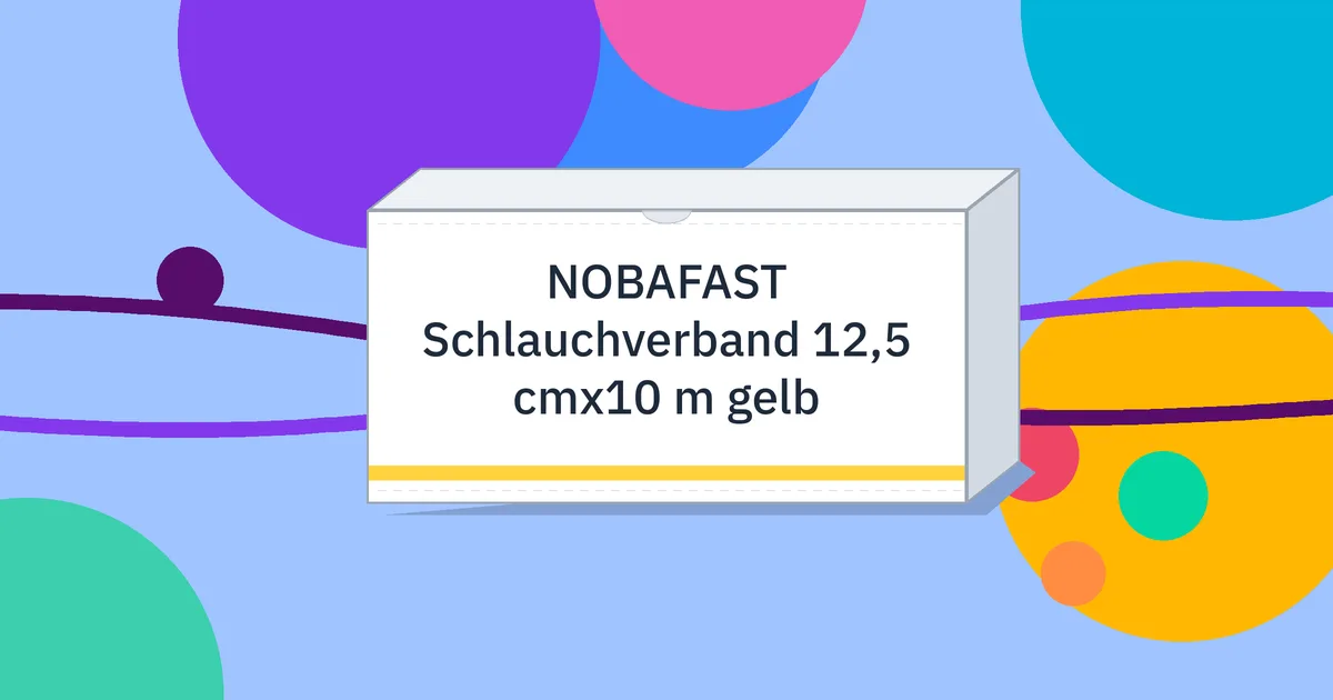 Symbolbild: Packung mit der Aufschrift NOBAFAST Schlauchverband 12,5 cmx10 m gelb (PZN 06469531) – Verfügbarkeit und Bezug in Apotheken in Frankfurt am Main