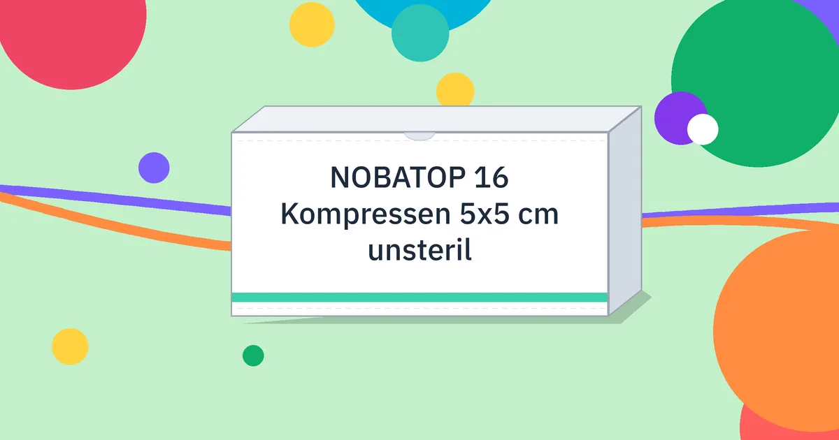 Symbolbild: Packung mit der Aufschrift NOBATOP 16 Kompressen 5x5 cm unsteril (PZN 16259697) – Verfügbarkeit und Bezug in Apotheken in Frankfurt am Main