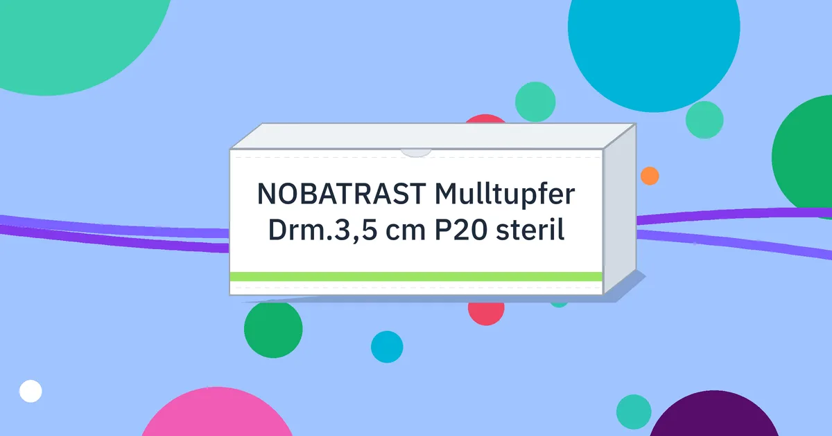 Symbolbild: Packung mit der Aufschrift NOBATRAST Mulltupfer Drm.3,5 cm P20 steril (PZN 16945783) – Verfügbarkeit und Bezug in Apotheken in Frankfurt am Main