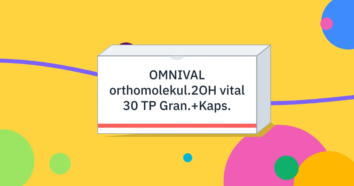 Symbolbild: Packung mit der Aufschrift OMNIVAL orthomolekul.2OH vital 30 TP Gran.+Kaps. (PZN 06588603) – Verfügbarkeit und Bezug in Apotheken in Frankfurt am Main