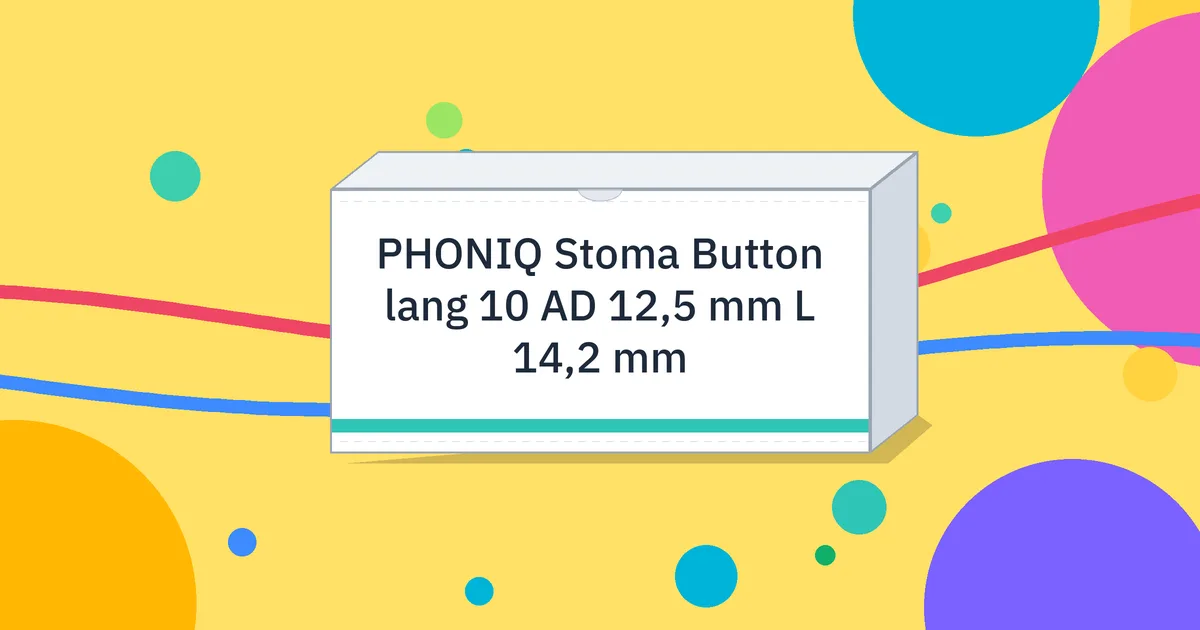 Symbolbild: Packung mit der Aufschrift PHONIQ Stoma Button lang 10 AD 12,5 mm L 14,2 mm (PZN 17381584) – Verfügbarkeit und Bezug in Apotheken in Frankfurt am Main