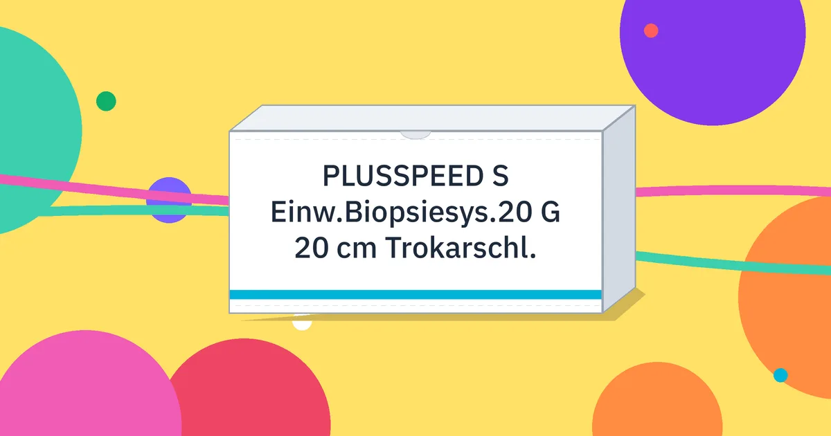 Symbolbild: Packung mit der Aufschrift PLUSSPEED S Einw.Biopsiesys.20 G 20 cm Trokarschl. (PZN 14258452) – Verfügbarkeit und Bezug in Apotheken in Frankfurt am Main