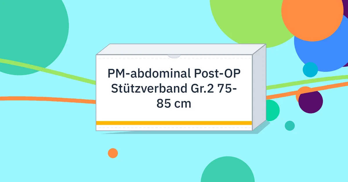 Symbolbild: Packung mit der Aufschrift PM-abdominal Post-OP Stützverband Gr.2 75-85 cm (PZN 18846111) – Verfügbarkeit und Bezug in Apotheken in Frankfurt am Main