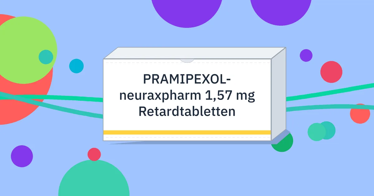Symbolbild: Packung mit der Aufschrift PRAMIPEXOL-neuraxpharm 1,57 mg Retardtabletten (PZN 12419922) – Verfügbarkeit und Bezug in Apotheken in Frankfurt am Main
