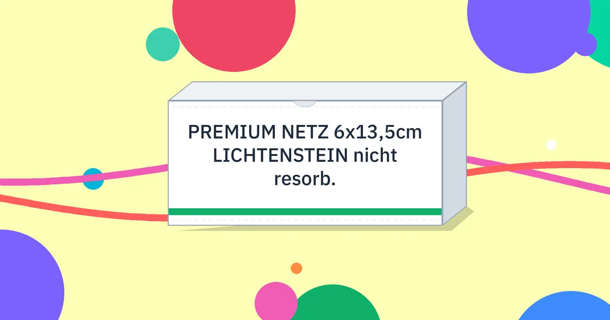 Symbolbild: Packung mit der Aufschrift PREMIUM NETZ 6x13,5cm LICHTENSTEIN nicht resorb. (PZN 19505033) – Verfügbarkeit und Bezug in Apotheken in Frankfurt am Main