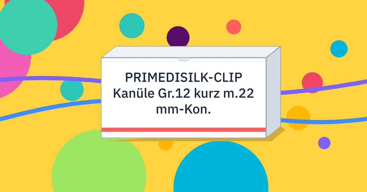 Symbolbild: Packung mit der Aufschrift PRIMEDISILK-CLIP Kanüle Gr.12 kurz m.22 mm-Kon. (PZN 10780849) – Verfügbarkeit und Bezug in Apotheken in Frankfurt am Main