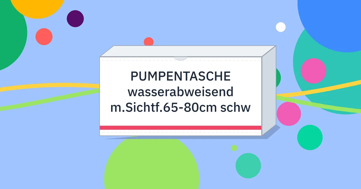 Symbolbild: Packung mit der Aufschrift PUMPENTASCHE wasserabweisend m.Sichtf.65-80cm schw (PZN 19117756) – Verfügbarkeit und Bezug in Apotheken in Frankfurt am Main