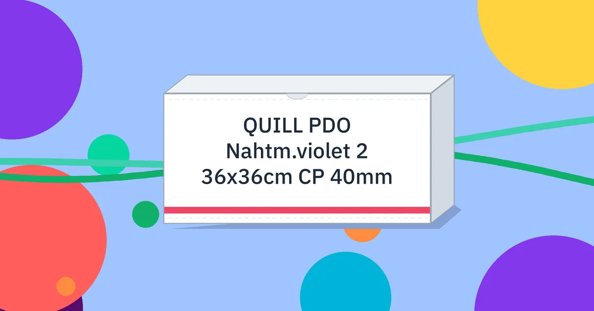 Symbolbild: Packung mit der Aufschrift QUILL PDO Nahtm.violet 2 36x36cm CP 40mm (PZN 17989914) – Verfügbarkeit und Bezug in Apotheken in Frankfurt am Main