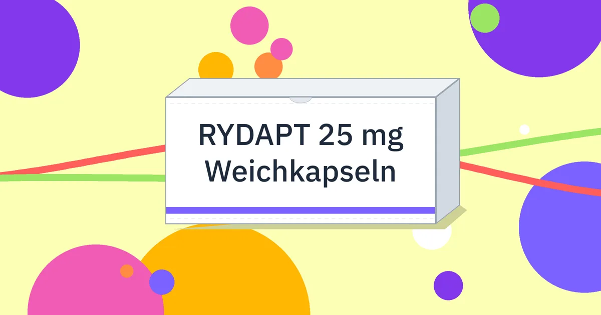 Symbolbild: Packung mit der Aufschrift RYDAPT 25 mg Weichkapseln (PZN 15317731) – Verfügbarkeit und Bezug in Apotheken in Frankfurt am Main
