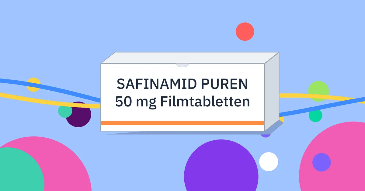 Symbolbild: Packung mit der Aufschrift SAFINAMID PUREN 50 mg Filmtabletten (PZN 19645432) – Verfügbarkeit und Bezug in Apotheken in Frankfurt am Main