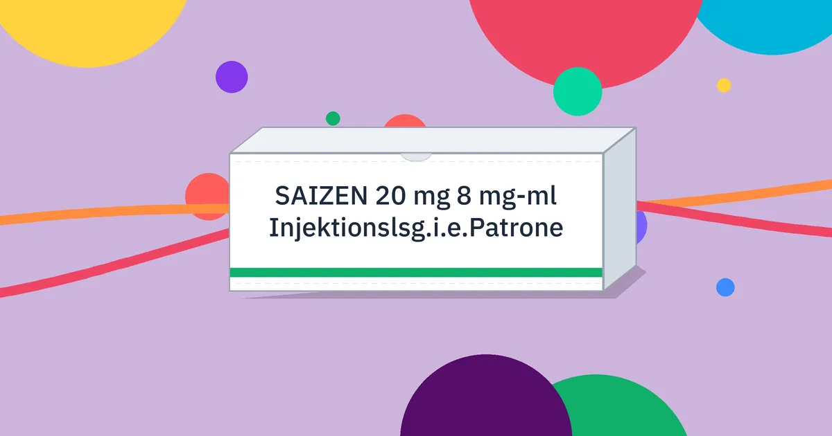 Symbolbild: Packung mit der Aufschrift SAIZEN 20 mg 8 mg-ml Injektionslsg.i.e.Patrone (PZN 11563806) – Verfügbarkeit und Bezug in Apotheken in Frankfurt am Main