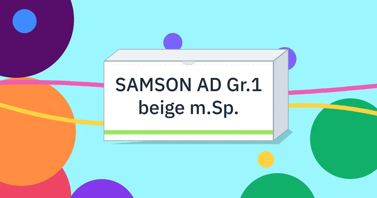 Symbolbild: Packung mit der Aufschrift SAMSON AD Gr.1 beige m.Sp. (PZN 14248614) – Verfügbarkeit und Bezug in Apotheken in Frankfurt am Main