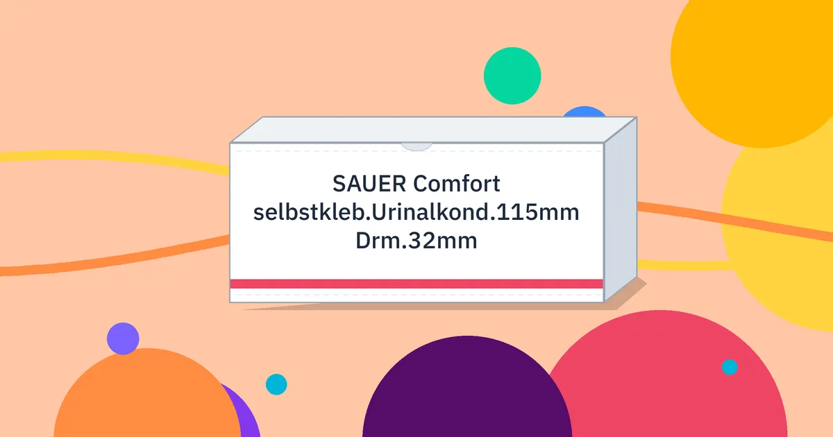 Symbolbild: Packung mit der Aufschrift SAUER Comfort selbstkleb.Urinalkond.115mm Drm.32mm (PZN 00464509) – Verfügbarkeit und Bezug in Apotheken in Frankfurt am Main