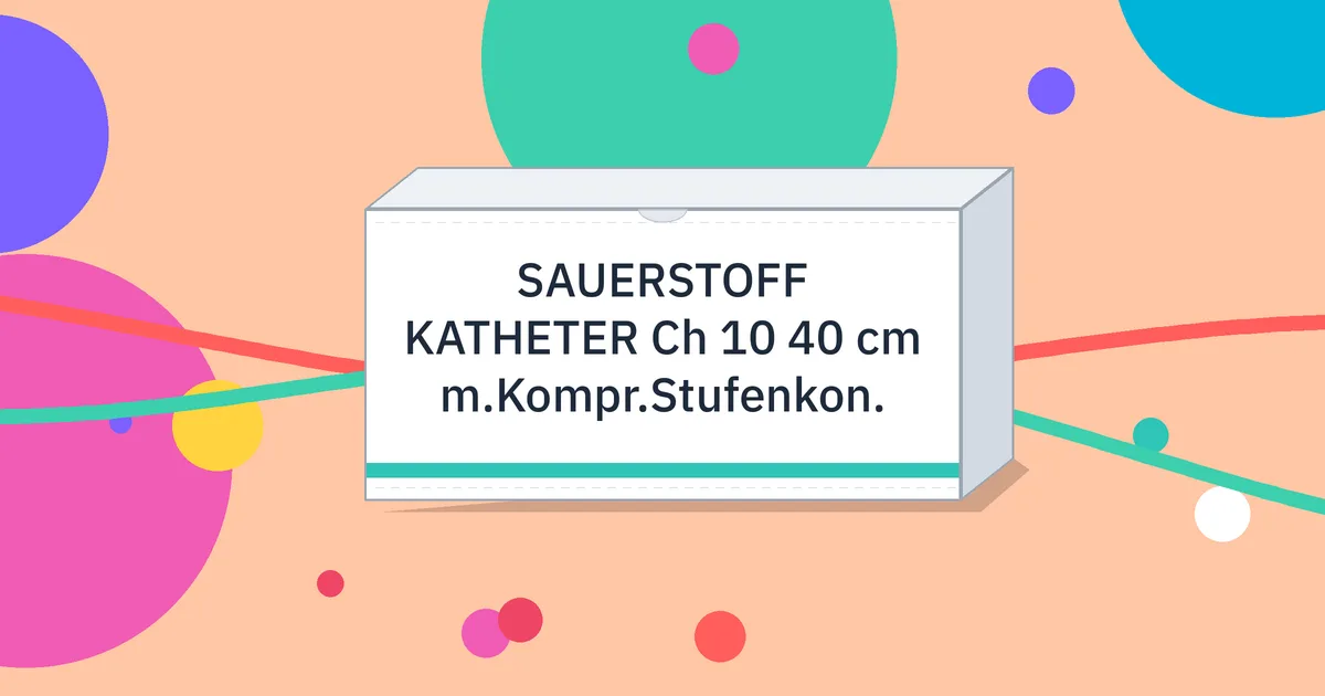 Symbolbild: Packung mit der Aufschrift SAUERSTOFF KATHETER Ch 10 40 cm m.Kompr.Stufenkon. (PZN 12309748) – Verfügbarkeit und Bezug in Apotheken in Frankfurt am Main