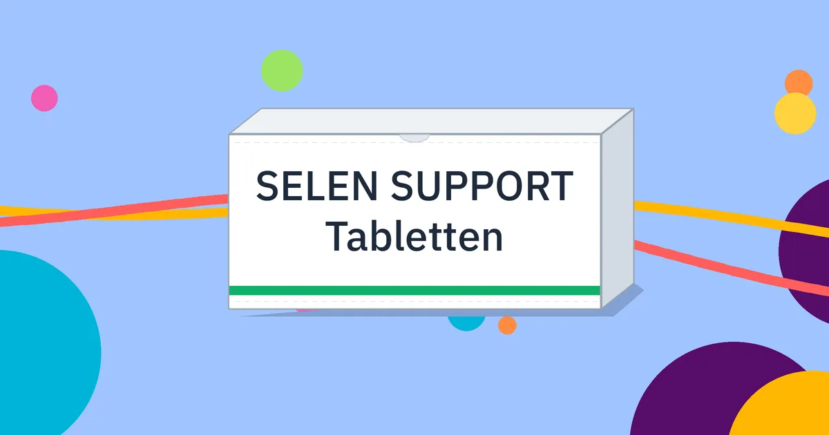 Symbolbild: Packung mit der Aufschrift SELEN SUPPORT Tabletten (PZN 20103162) – Verfügbarkeit und Bezug in Apotheken in Frankfurt am Main