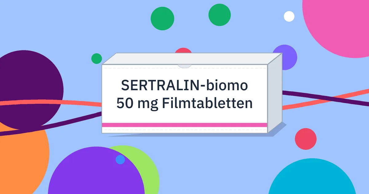 Symbolbild: Packung mit der Aufschrift SERTRALIN-biomo 50 mg Filmtabletten (PZN 01055061) – Verfügbarkeit und Bezug in Apotheken in Frankfurt am Main