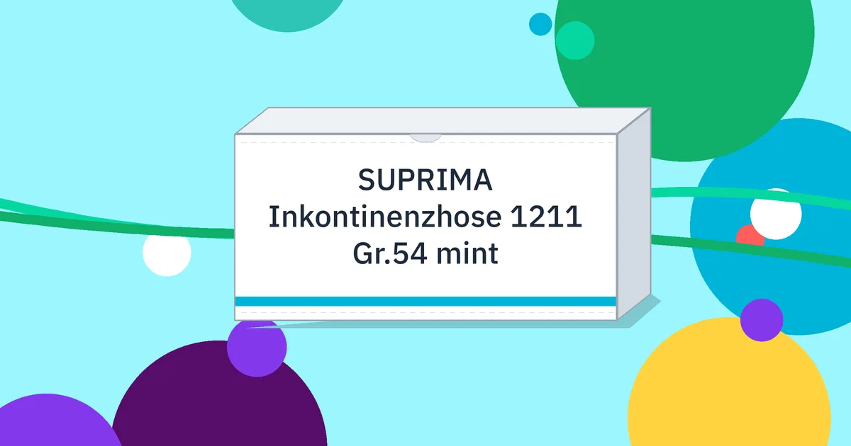 Symbolbild: Packung mit der Aufschrift SUPRIMA Inkontinenzhose 1211 Gr.54 mint (PZN 07633056) – Verfügbarkeit und Bezug in Apotheken in Frankfurt am Main