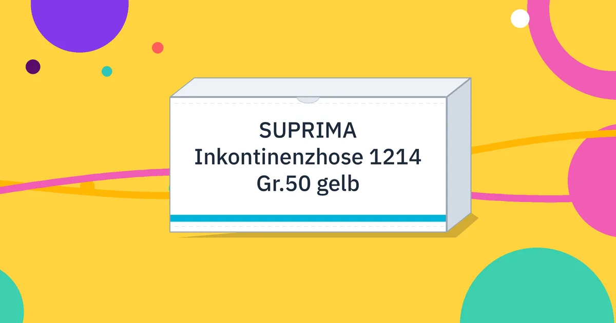 Symbolbild: Packung mit der Aufschrift SUPRIMA Inkontinenzhose 1214 Gr.50 gelb (PZN 02852144) – Verfügbarkeit und Bezug in Apotheken in Frankfurt am Main