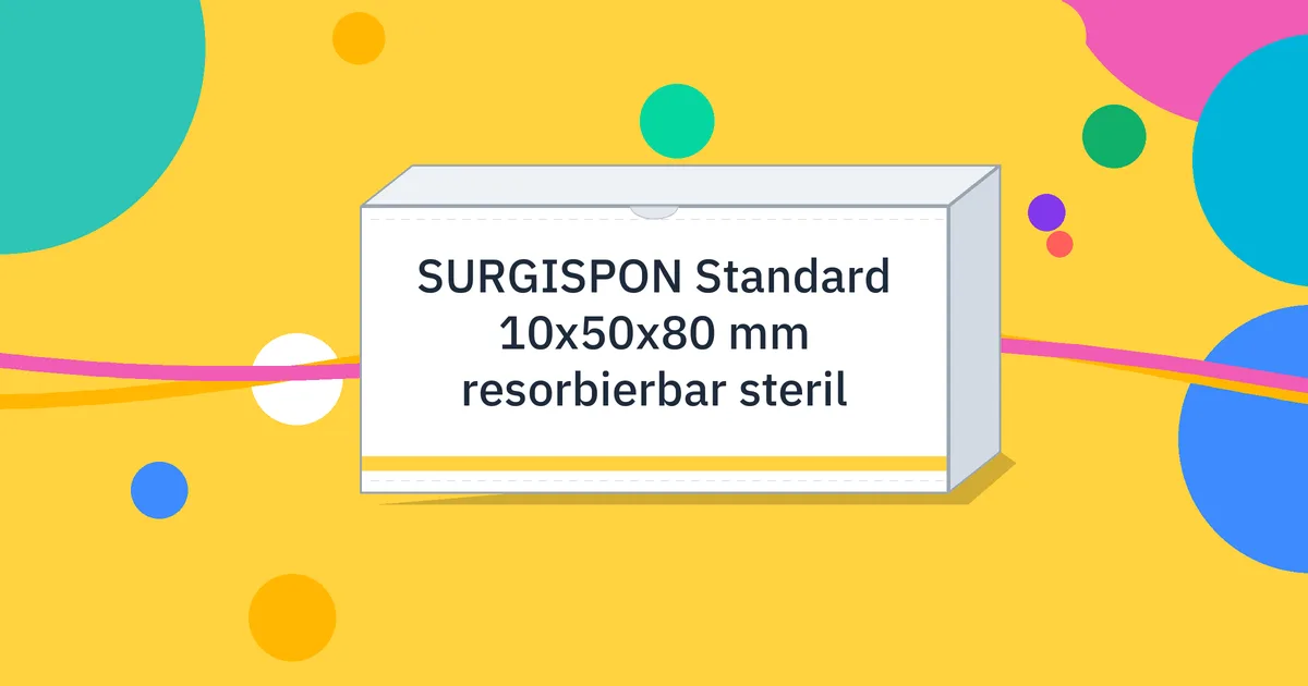 Symbolbild: Packung mit der Aufschrift SURGISPON Standard 10x50x80 mm resorbierbar steril (PZN 18741174) – Verfügbarkeit und Bezug in Apotheken in Frankfurt am Main