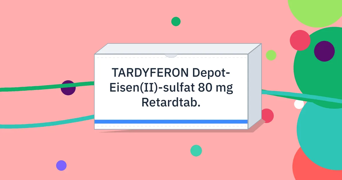 Symbolbild: Packung mit der Aufschrift TARDYFERON Depot-Eisen(II)-sulfat 80 mg Retardtab. (PZN 11303821) – Verfügbarkeit und Bezug in Apotheken in Frankfurt am Main
