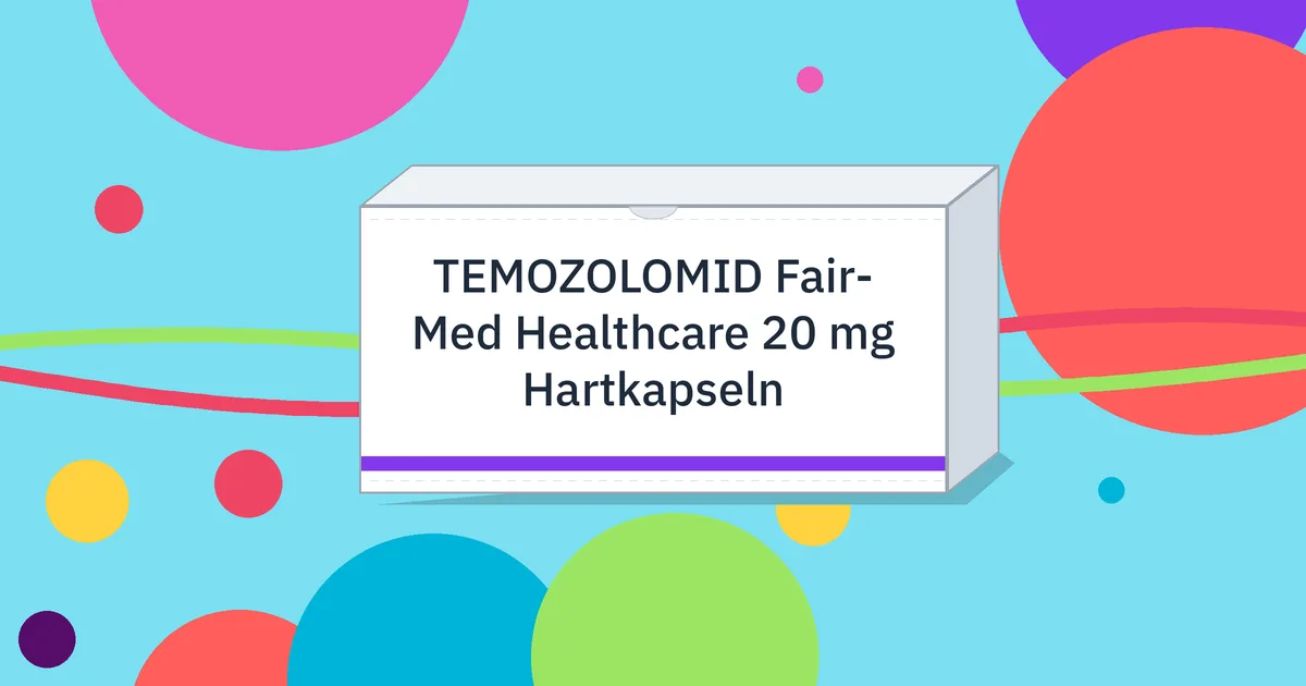 Symbolbild: Packung mit der Aufschrift TEMOZOLOMID Fair-Med Healthcare 20 mg Hartkapseln (PZN 14167979) – Verfügbarkeit und Bezug in Apotheken in Frankfurt am Main