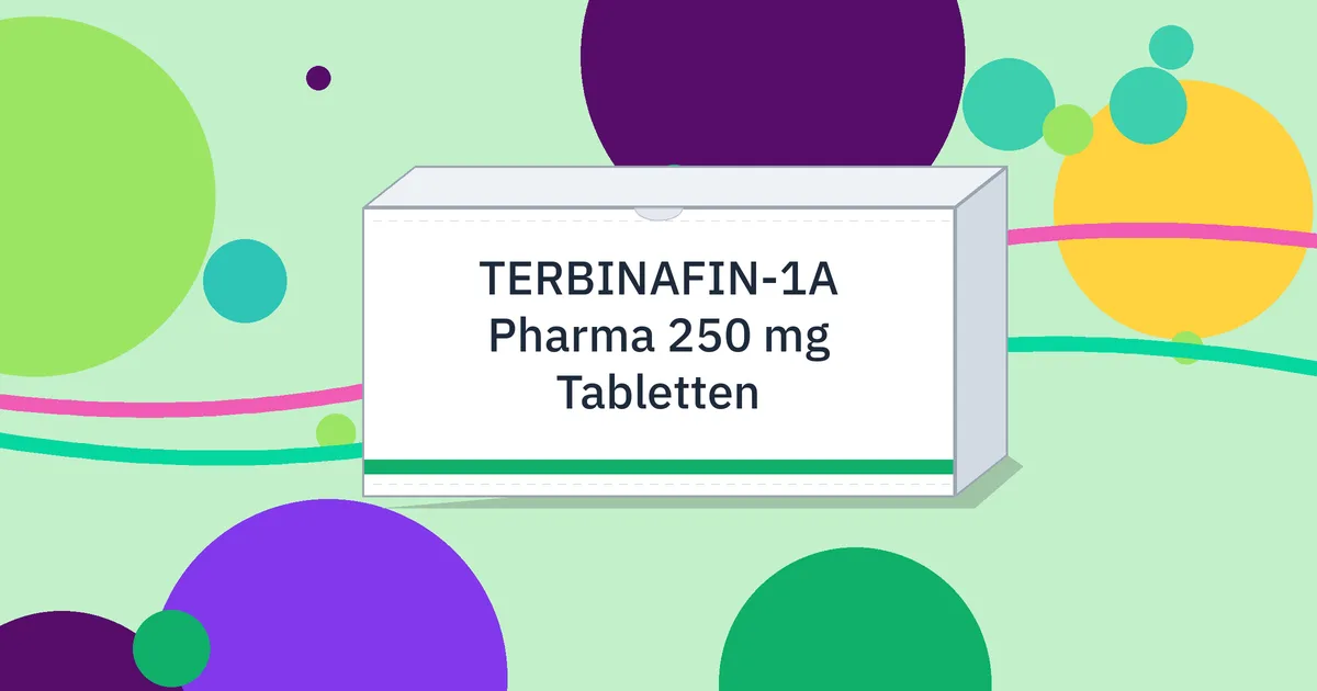 Symbolbild: Packung mit der Aufschrift TERBINAFIN-1A Pharma 250 mg Tabletten (PZN 01044330) – Verfügbarkeit und Bezug in Apotheken in Frankfurt am Main