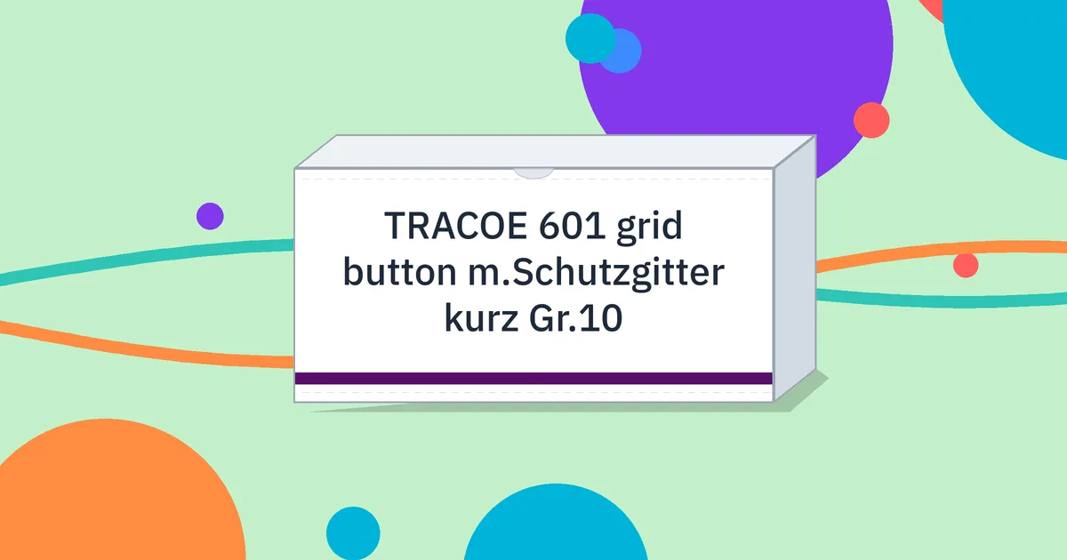 Symbolbild: Packung mit der Aufschrift TRACOE 601 grid button m.Schutzgitter kurz Gr.10 (PZN 02723441) – Verfügbarkeit und Bezug in Apotheken in Frankfurt am Main