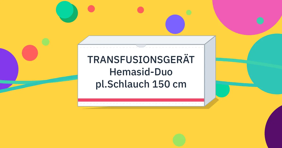 Symbolbild: Packung mit der Aufschrift TRANSFUSIONSGERÄT Hemasid-Duo pl.Schlauch 150 cm (PZN 01881043) – Verfügbarkeit und Bezug in Apotheken in Frankfurt am Main